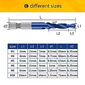 6 Packs Combination Drill & Taps Bit Set, Screw Tapping in 6 Sizes Metric Thread M3 M4 M5 M6 M8 M10 with Nano Blue Coating， Hex Shank