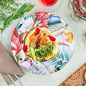 Melamine Dinnerware Sets 12 Pcs Plates and Bowls Sets Lightweight Unbreakable Natural Elements Pattern Dinner Plates Salad Bowls Outdoor Dishes Set for 4 BPA Free Dishwasher Safe (Red)