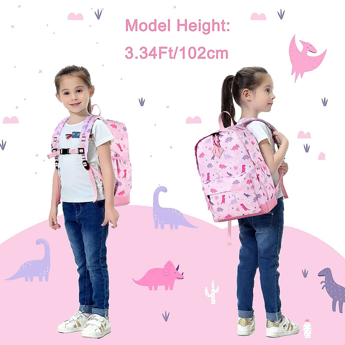VASCHY Toddler Backpack for Girls, Cute Lightweight Water Resistant Preschool Backpack for Kindergarten Little Girls Bookbag Dinosaur