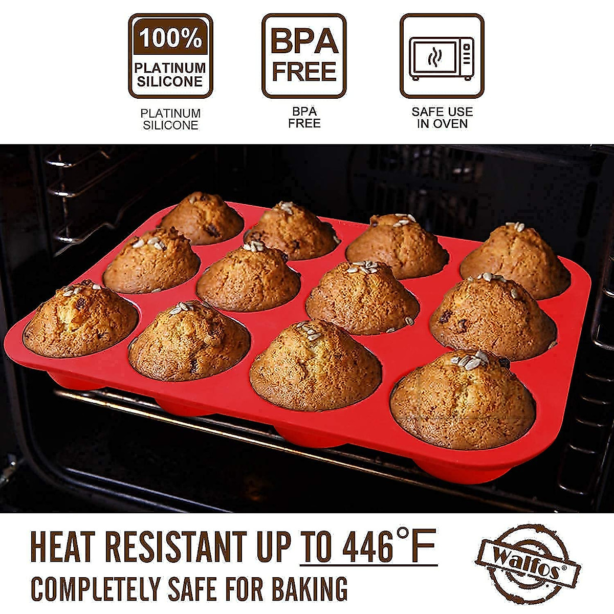 Walfos 2 Piece Silicone Loaf Pan Set and 2 Piece Silicone 12 Cups Regular Muffin Pan Set - Non-Stick Silicone, Just PoP Out ! Food Grade and BPA Free !
