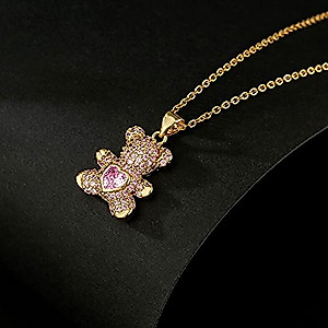 Foruiston Teddy Bear Pendant Heart Crystal Pendant Necklace Cute Animal Jewelry for Women (pink)