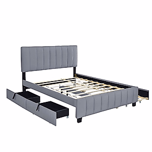 Harper & Bright Designs Queen Size Upholstered Bed with 1 Twin XL Trundle and 2 Storage Drawers, Velvet Platform Bed Wood Frame, No Box Spring Needed (Gray)