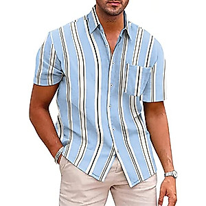 JMIERR Men's Hawaiian Striped Shirts Summer Casual Short Sleeve Button Down Beach Shirt with Pocket for Men, US 43(L), A2 Blue