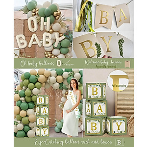 Sage Green Baby Shower Decorations, Gender Neutral Baby Shower Decorations, Greenery Baby Shower Party Supplies, Oh Baby Backdrop Tablecloth Balloon Garland BABY Box Welcome Baby Banner