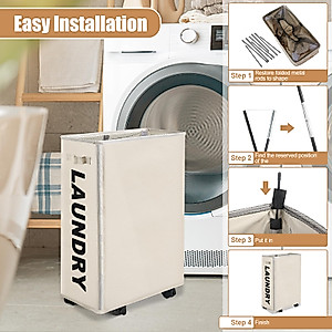 2 Pack Rolling Slim Laundry Basket Laundry Hamper with Wheels and Handle Foldable Waterproof Narrow Corner Clothes Storage Bins Tall Laundry Basket for baby's room/Laundry Room Etc,(42L,Beige+Grey)