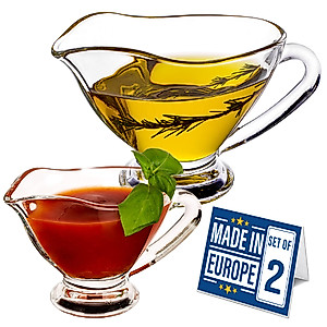 Crystalia Gravy Boat Saucer Set Clear Glass, Large and Small Condiment Appetizer Serving Bowl with Easy Grip Handle, Lead-Free Premium Clear Glass Set of 2
