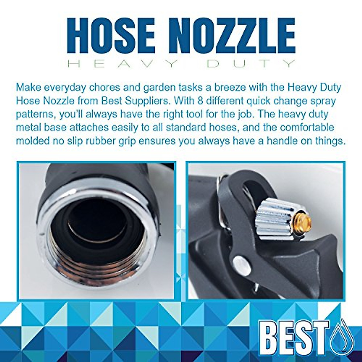 BEST Garden Hose Nozzle (HIGH Pressure Technology) - 8 Way Spray Pattern - Jet, Mist, Shower, Flat, Full, Center, Cone, and Angel Water Sprayer Settings - Rear Trigger Design - Steel Chrome Design