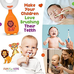 ZOFREY Kids Toothbrushes U Shape 4 Pack - Kids Toothbrushes with Safari Animals and 4 Free E-Books, U Shaped Toothbrush Kids Age 2-6, 360 Toothbrush Toddler, Autism Toothbrush for Kids, BPA Free