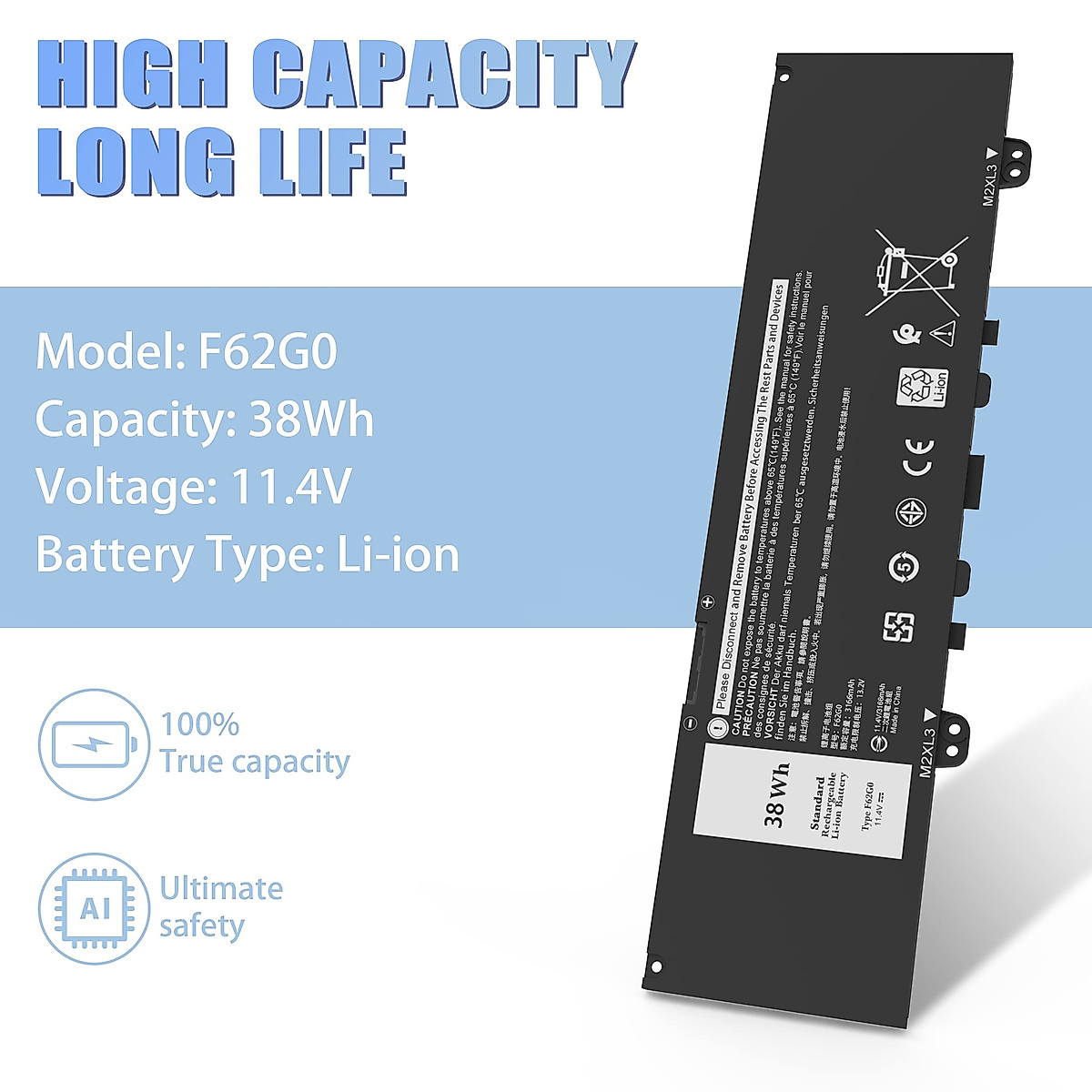 New 38Wh F62GO Battery Compatible with Dell Inspiron 13 7000 7373 7386 2-in-1 7370 7380 5370 P83G P87G P91G P83G001 P83G002 P91G001 P87G001 Vostro 13 5370 Series 39DY5 039DY5 RPJC3 0RPJC3 11.4V