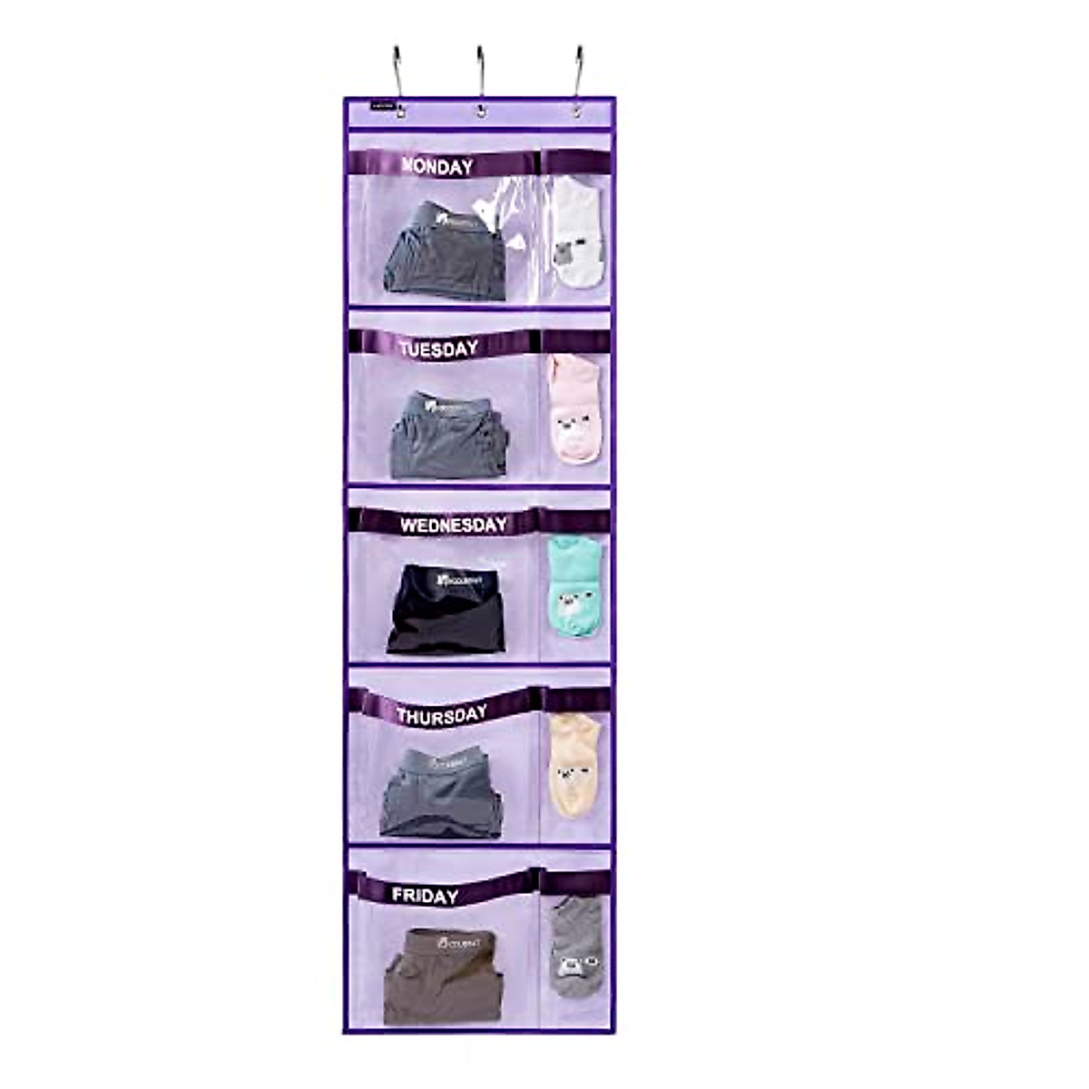 ANZORG Weekly Kids Clothes Organizer Day of Week School Clothing Storage Monday to Friday Hanging Closet Organizer (Purple)