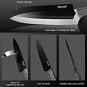 hecef 5 PCS Non-stick Coated Kitchen Knife Set with PP Handle and Protective Sheath, Exclusive Black Chef knife set, Scratch Resistance & Rust Proof (Wood Grain)