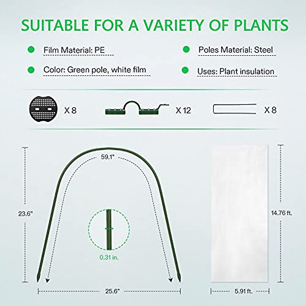 VIVOSUN 4Pcs 5FT Greenhouse Hoops with PE Cover, Rust-Free Grow Tunnel Tunnel, 5FT Long Steel with Plastic Coated Plant Supports for Garden Fabric, Plant Support Garden Stakes