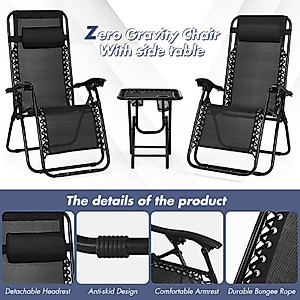 Tangkula 3 Pieces Outdoor Zero Gravity Chair Set, Folding Reclining Lounge Chair with Adjustable Backrest, Head Pillow, Matching Table with Cup Holder, Camping Recliner for Poolside, Yard (Black)