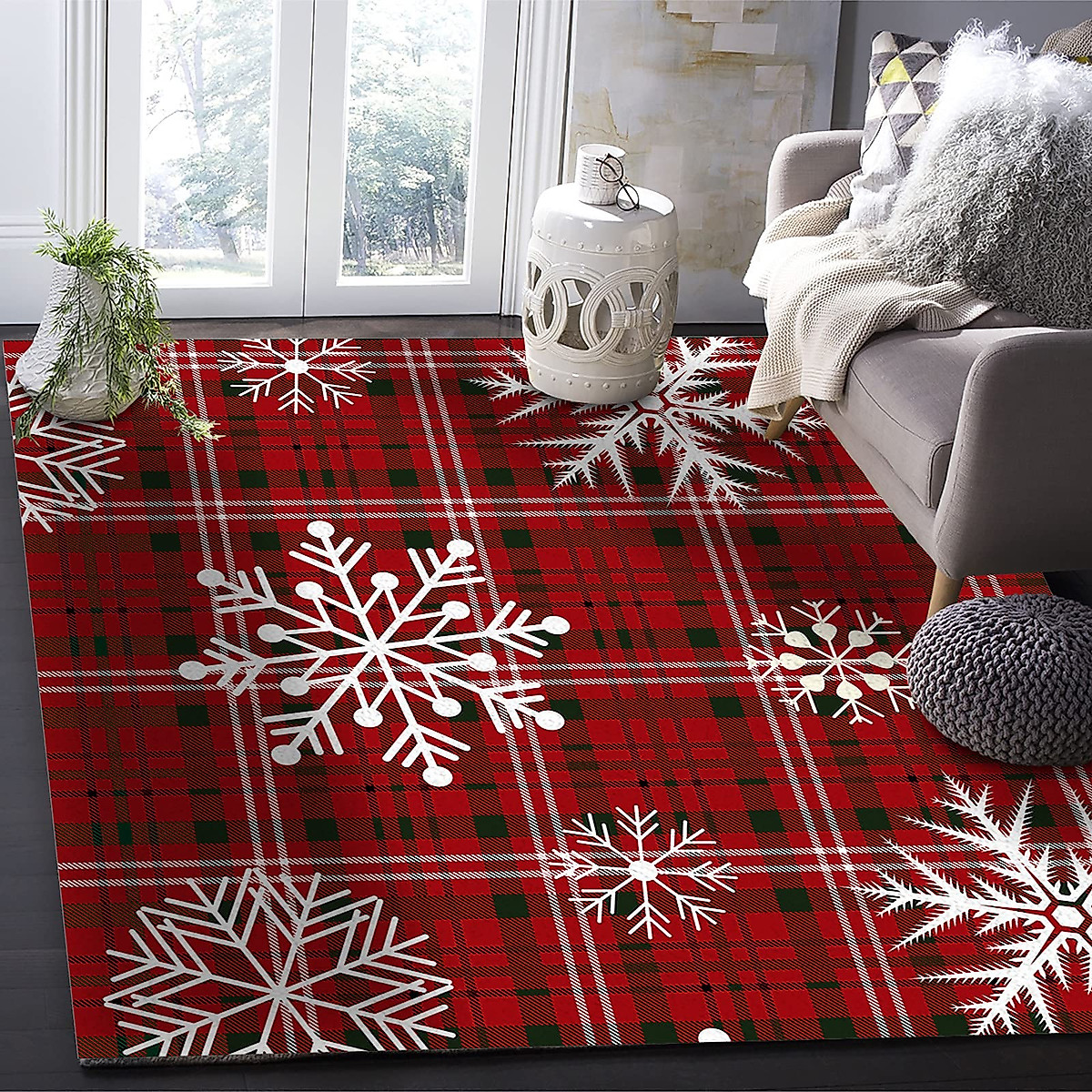 Merry Christmas Area Rug Indoor Carpet 2"x3", Winter Snowflakes On Red and Black Plaid Anti-Slip Low-Pile and Soft Accent Rug for Living Room Dining Room Bedroom