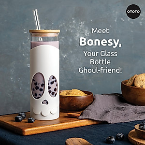 OTOTO NEW Bonesy Glass Tumbler with Straw and Lid - 17oz Cute Glass Water Bottle Tumblers, Goth Accessories, Spooky Gifts, Halloween Gifts, Skull Glass Cup with Lid and Straw, Goth Gifts (White)