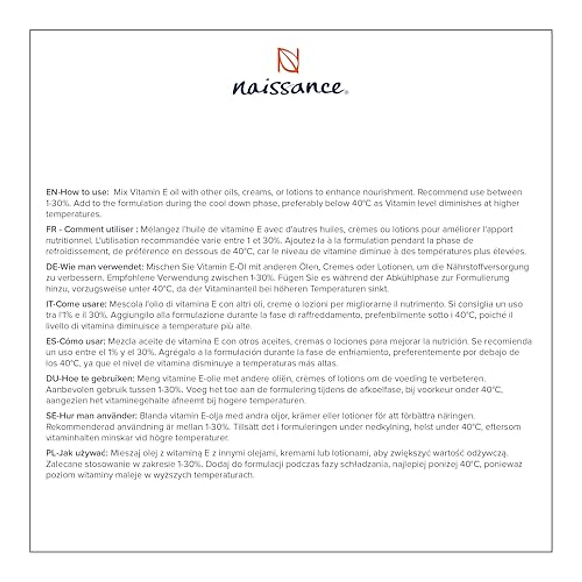 naissance Natural Vitamin E Oil 16 fl oz - Pure, Natural, Vegan, Cruelty Free, Hexane Free, Non GMO - Ideal for Aromatherapy, Skincare, Haircare, Nailcare and DIY Beauty Recipes