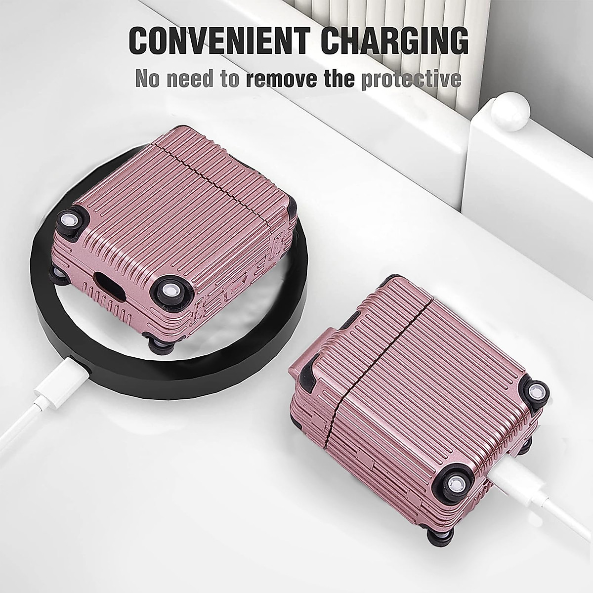 MOMCH for AirPods 1&2 Case Cover, Suitcase Design Full Protective Hard Shell Cute AirPods Protective Cover for AirPod 2/1 Charging Case with Women and Men,Rose Gold