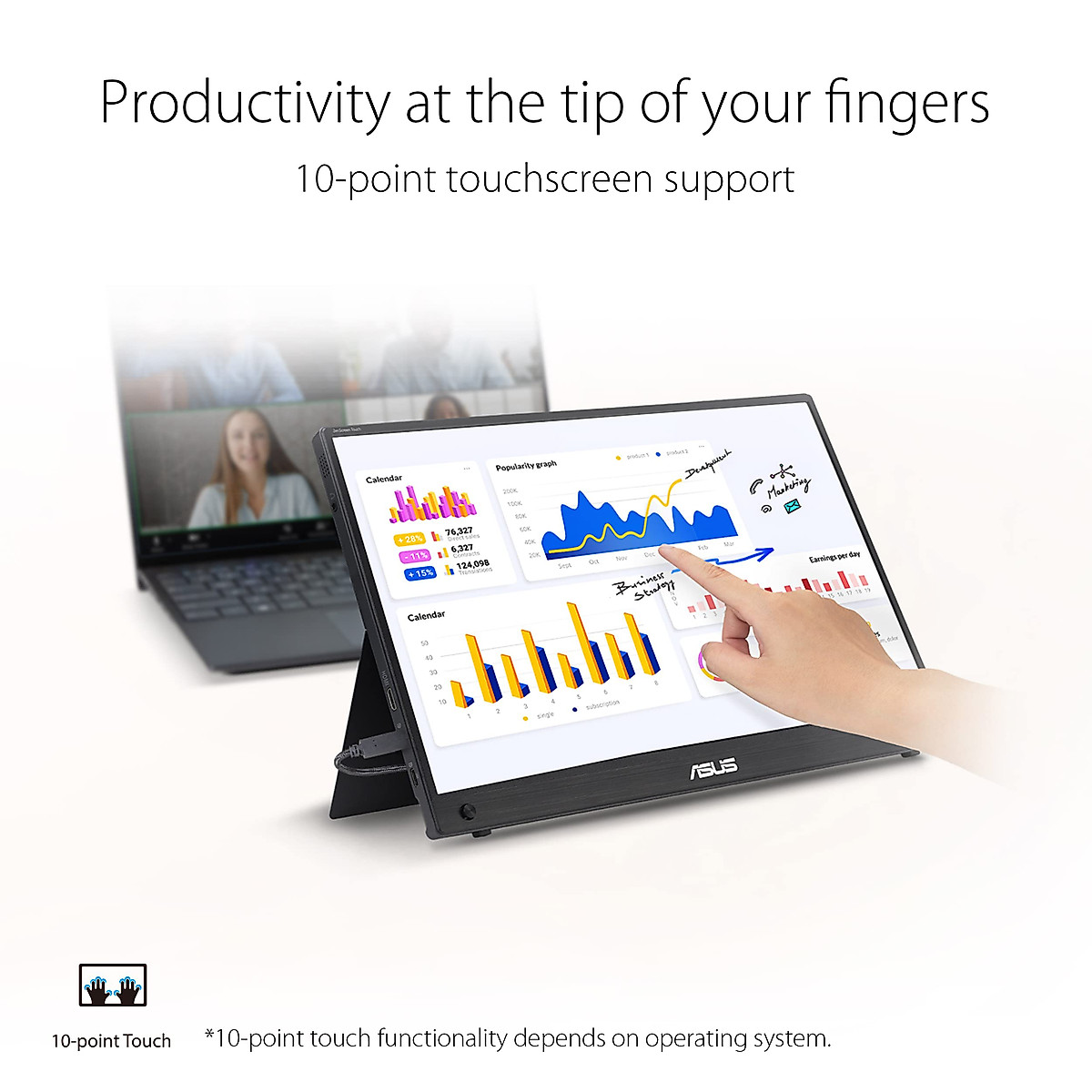 ASUS ZenScreen Touch Screen 15.6” 1080P Portable USB Monitor (MB16AHT) - Full HD (1920 x 1080), IPS, USB Type-C, Mini-HDMI, Kickstand, Tripod Mountable, Eye Care, Protective Sleeve, 3-Year Warranty