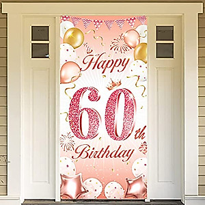DPKOW Rose Gold 60th Birthday Party Decoration for Woman, Rose Gold 60th Birthday Banner for Backdrop Door Decoration,60th Birthday Background Banner for Garden Wall Decoration, 185 x 90cm Fabric