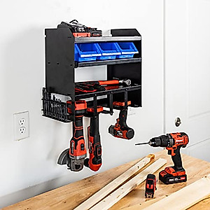 3-Tier Power Tool Organizer Wall Mount Design - Drill Holder Power Tool Storage Rack Holds Cordless Drills, Tools, Batteries, Chargers & More | Heavy Duty Drill Rack Made from Powder Coated Steel
