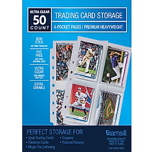 Samsill 50 Pack 4 Pocket Trading Card Sleeves, Holds 400 Cards,Clear, Fits in Standard 3 Ring Mini Binder