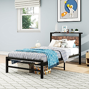 VERFARM Twin Bed Frame with Shelf Storage Wood Headboard, Strong Steel Slat Support, Heavy Duty Metal Platform Single Bed Frames No Box Spring Needed, Easy Assembly, Non-Slip Without Noise