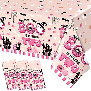 Yavxzvbw 3Pcs Boo I'm Two Decor Birthday Pink Halloween Tablecloth Halloween Birthday Party Decorations Girl for Halloween 2nd Birthday Decorations Boo Birthday Party Supplies