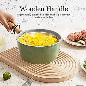 ROCKURWOK Ceramic Nonstick Sauce Pan with Lid, 2.2 Quart Cooking Pot, Small Saucepan with Steamer, PTFE& PFAS-Free, Wooden Handle for Cool Touch, Universal Base(Gas, Electric & Induction), Green