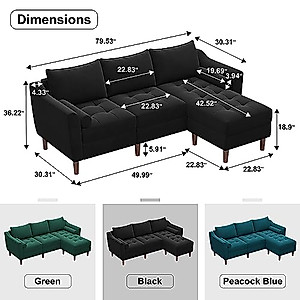 Belffin Black Velvet L Shaped Sectional Couch Small Convertible Couch Sectional Sofa 3-Seater Sofa Sectional with Reversible Chaise Ottoman for Apartment and Small Space