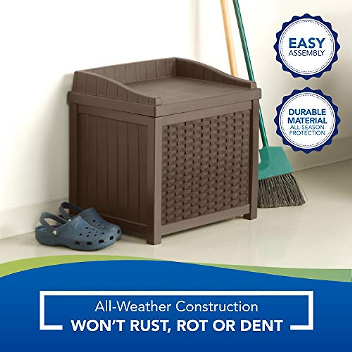 Suncast 22-Gallon Small Deck Box - Lightweight Resin Indoor/Outdoor Storage Container and Seat for Patio Cushions, Gardening Tools and Toys - Store Items on Patio, Garage, Yard - Mocha Wicker