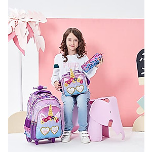 Meetbelify Unicorn Rolling Backpack for Girls Wheels Backpacks for Girls for School Sequin Backpack with Lunch Box for Elementary Students