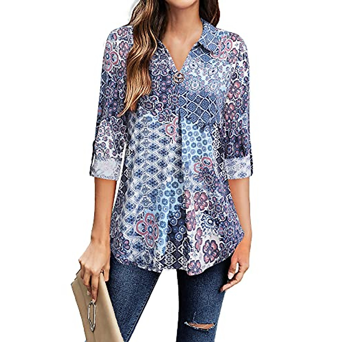 VALOLIA Women's 3/4 Sleeve Tunic Tops to wear with Leggings, Ladies Dress Shirts and Blouses for Work Long Sleeve Red Office Blouses Print V Neck Business Casual Flowy Fall Dressy Silk Elegant Blue