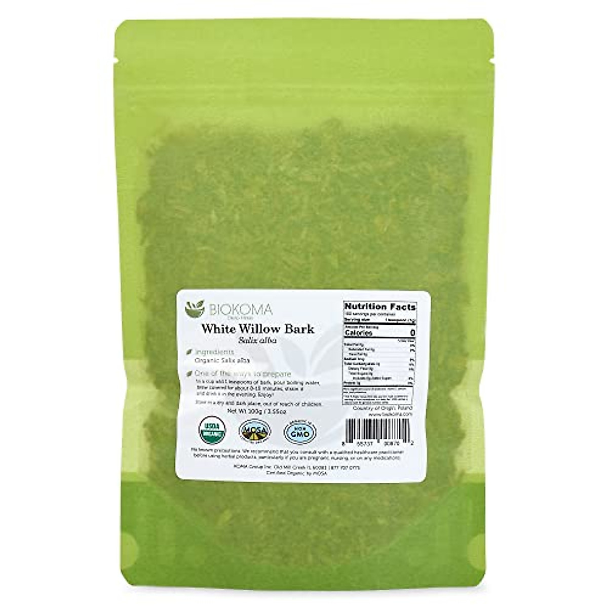 Biokoma Pure and Organic White Willow Bark Dried Cut 100g (3.55oz) In Resealable Moisture Proof Pouch, USDA Certified Organic - Herbal Tea, No Additives, No Preservatives, No GMO
