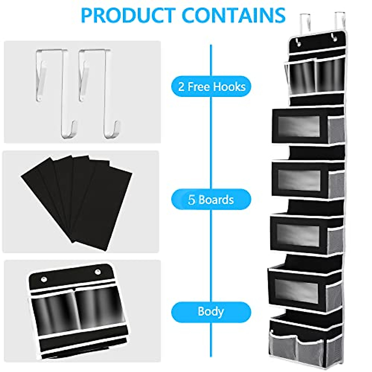 Meirenda Over the Door Hanging Organizer with 5 Large Clear Window Nursery Closet Baby Wall Mount Hanging Door Organizer Storage for Bedroom, Bathroom, Kitchen, Closet and Dorm with 19 Pockets (Black)