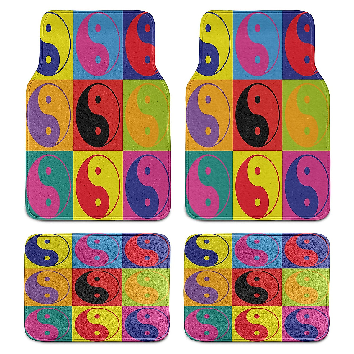 Ambesonne Ying Yang Car Mat Set of 4, Pop Art Design Yin Yang Signs Hippie Style Eastern Peace and Balance Theme, Front & Back Seat Floor Mat Durable PVC Backing Car Accesory, Red Pink Cobalt Blue