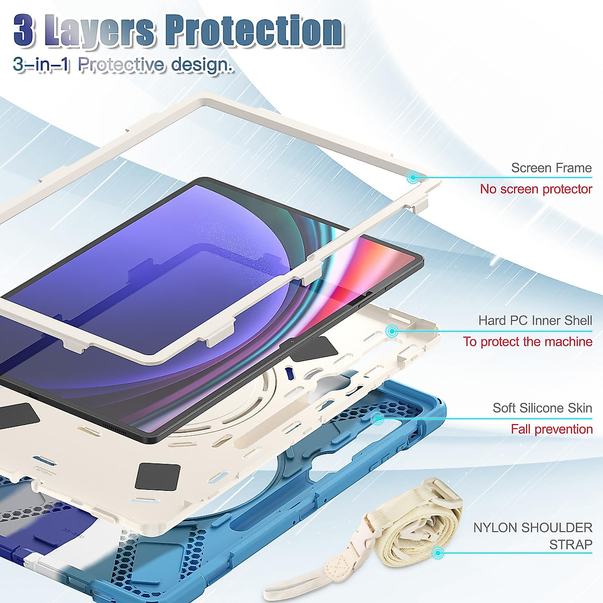 360 Rotation Case for Samsung Galaxy Tab S9 Ultra 14.6" Sturdy Cover Rotate Ring Stand Shoulder Carrying Strap Hand Strap Rugged Children Adults Outdoor Case (Colourful Blue)