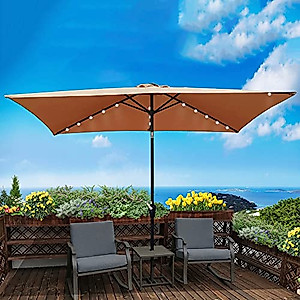 Overstock 10' X 6' Powder-Coated Steel Patio Umbrella Outdoor Market LED Lights with Crank and Button Tilt Brown