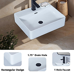 VAPSINT 20"X 17" Wall Mounted Bathroom Vessel Sink,Rectangle White Porcelain Ceramic Vessel Sink Modern One Hole Floating Lavatory Vanity Small Bathroom Sink