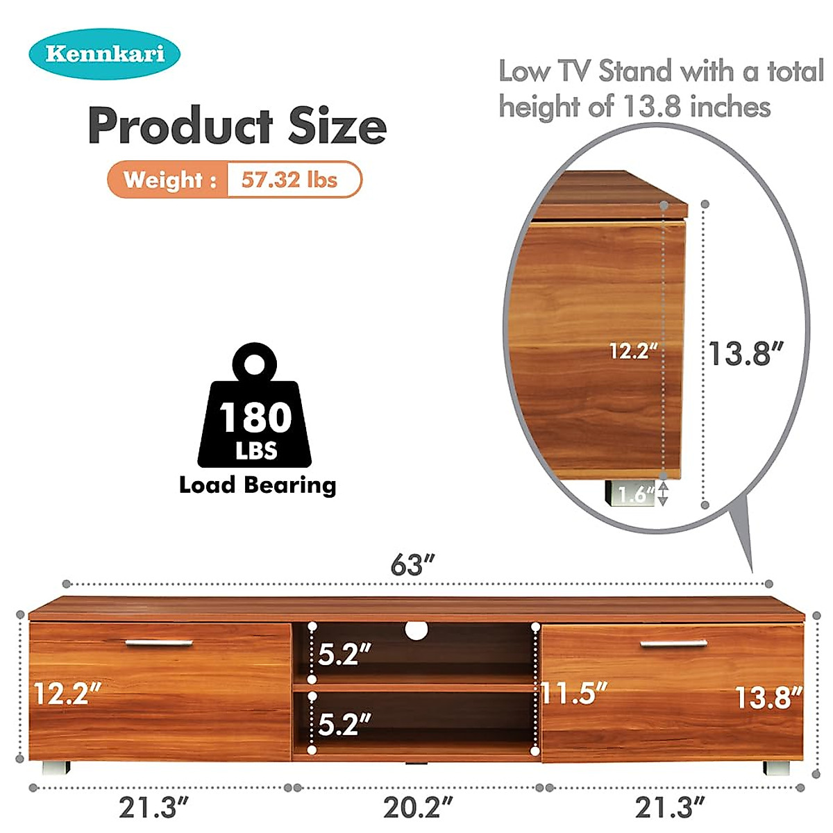 Kennkari TV Stand for 40 45 50 55 60 65 Inch TV Entertainment Center for Living Room Low Profile TV Table Modern TV Media Console with Storage Simple TV Cabinet with Shelves (Wood Grain)