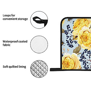 KLATIE Yellow Rose Oven Mitts and Pot Holders Set, Waterproof Heat Resistant Oven Gloves Hot Pads, Oven Mits Potholders for Kitchen Cooking BBQ Baking Grillin, 4-Piece Set