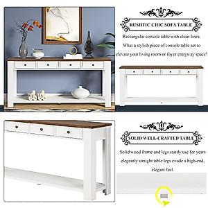KLIECH 63" Pine Wood Console, Sofa 4 Drawers and 1 Bottom Shelf,Narrow Long Table for Living Room Entryway Hallway Bedroom,Antique White+ Brown Top
