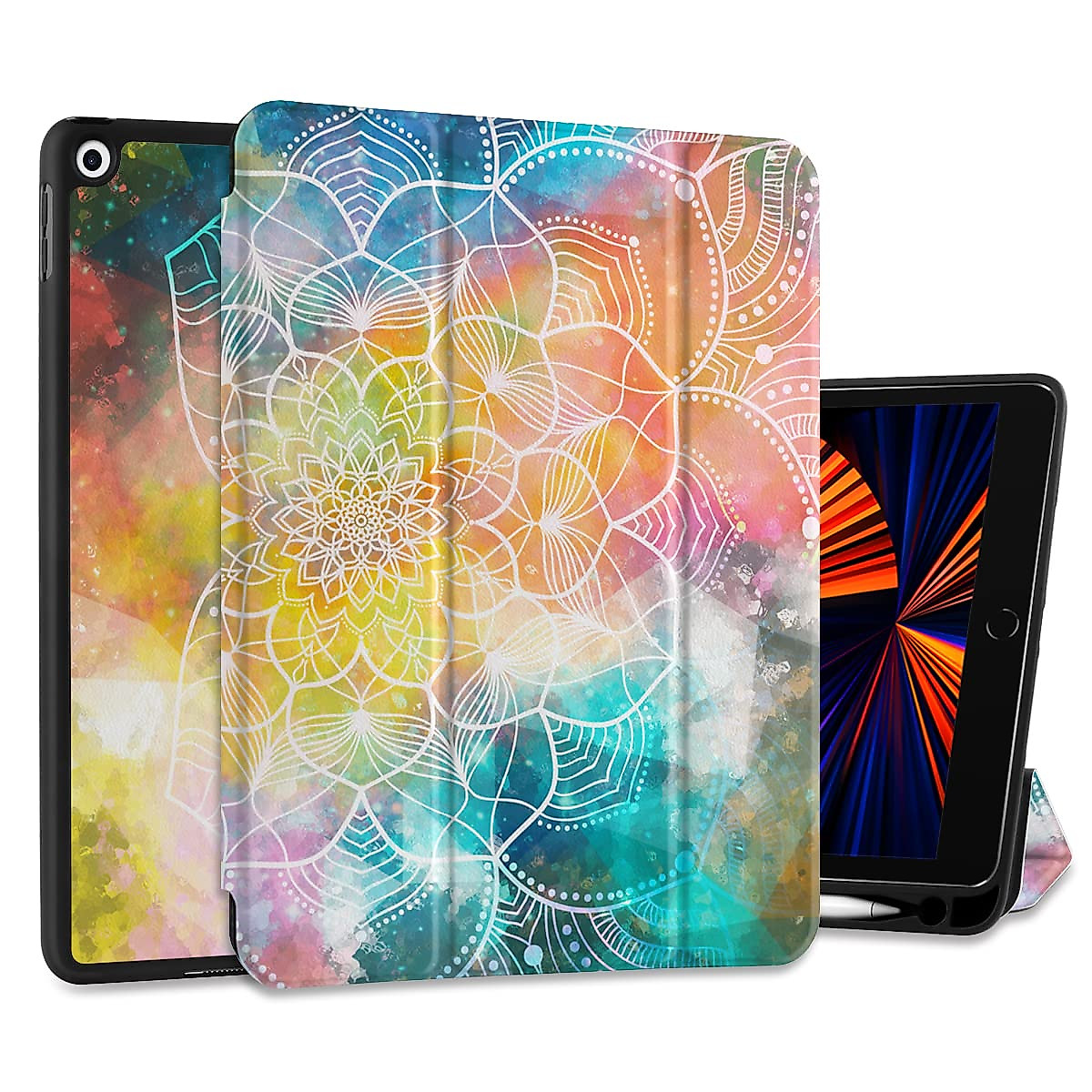 DONGKE Case Compatible with iPad 10.2 Inch 2021 2020 2019 iPad 9th/8th/7th Generation with Pencil Holder, Slim Stand Protective Case with Soft TPU Back, Auto Sleep/Wake Cover, Galaxy Manada