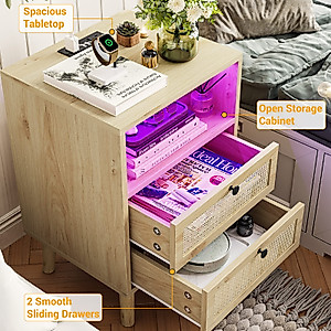 VIAGDO Rattan Nightstand with Charging Station, Led Night Stand with 2 Rattan Drawers, Bedside Tables with Solid Wood Feet, End Side Table with Open Storage Shelf for Bedroom
