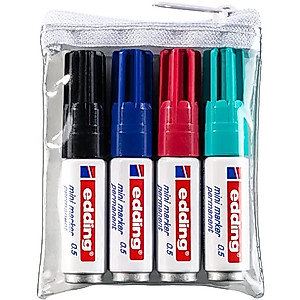 edding 0.5 mini permanent marker - black, blue, turquoise, red - 4 pens - fine round nib 1 mm - waterproof, quick-drying - smudge-proof - mini marker for cardboard, plastic, wood, metal
