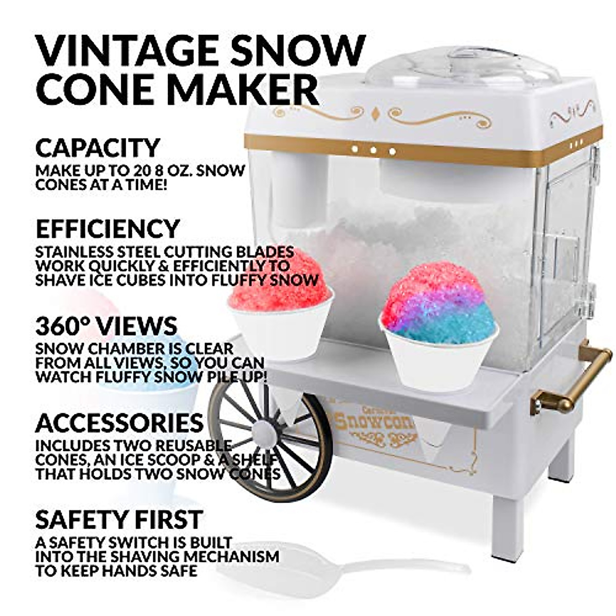Nostalgia SCM525WH Vintage Countertop Snow Cone Maker Makes 20 Icy Treats, Includes 2 Reusable Plastic Cups & Ice Scoop – Ice White, 8 Oz