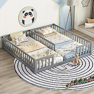 DEYOBED Double Bed, Twin Size Floor Bed with Fence and Guardrails, Minimalistic Wood Bed Without Door for Kids, Boys, Girls, Bedroom, 2 Twin Bed in One Design, Easy to Assemble, Gray