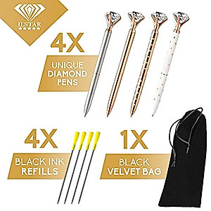 4 Big Diamond Pens Rose Gold & Silver – 4 Black Ink Refills & Cute Velvet Gift Bag, Top Cool School & Bling Office Supplies for Women Girls Coworker, Fancy Crystal Jewel Writing Ballpoint Pen Bulk Set