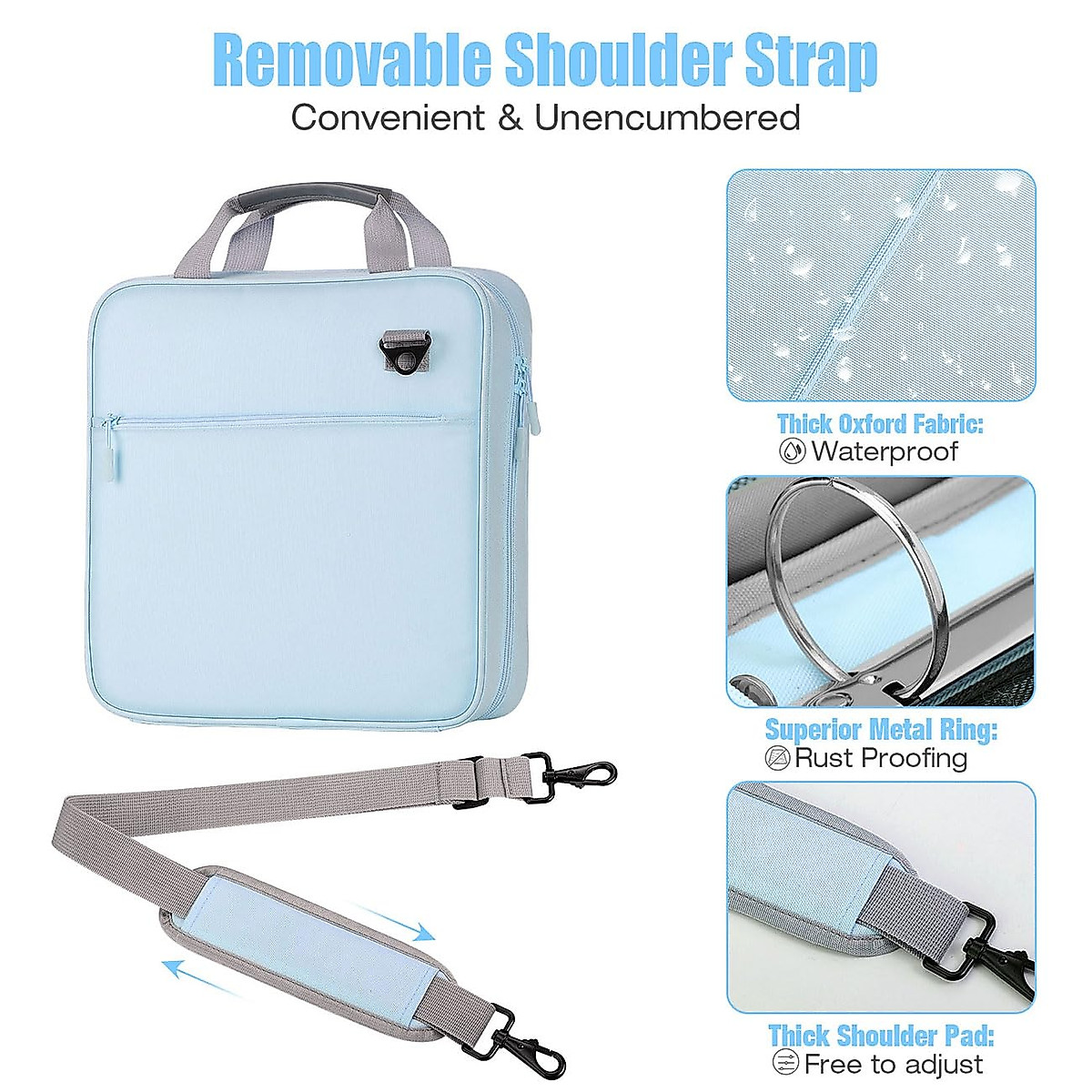 MoKo Zipper Binder, 3 Ring 2 inch Binder with Zipper,500 Sheet Capacity Multi-Pocket School Binder for Middle School, Handle and Shoulder Strap Included, Blue & Gray