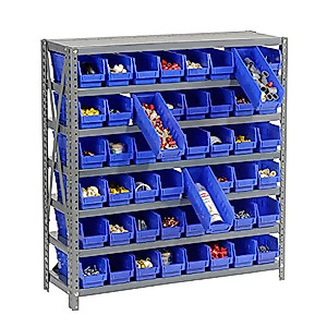 Global Industrial 7 Shelf Steel Shelving with (48) 4" H Plastic Shelf Bins, Blue, 36x12x39
