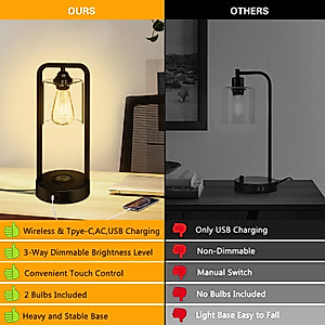 Wireless Charging Table Lamp for Bedroom Set of 2, Touch Control Dimmable with Type C USB Ports & AC Outlet Bedside Nightstand Lamp, Glass Shade Industrial Desk Lamp for Home Office, Bulbs Included